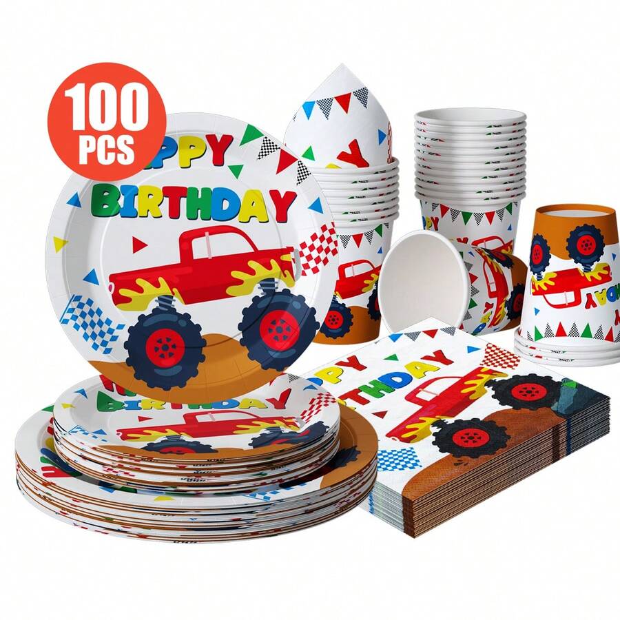 100/25/10pcs Racing Monster Truck Disposable Plates Napkins Cups ...