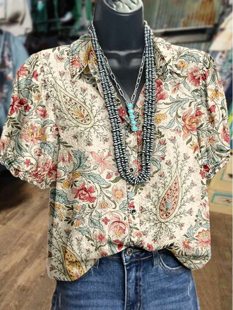 Vintage Paisley Floral Print Button Front Blouse Women's Puff Sleeve ...
