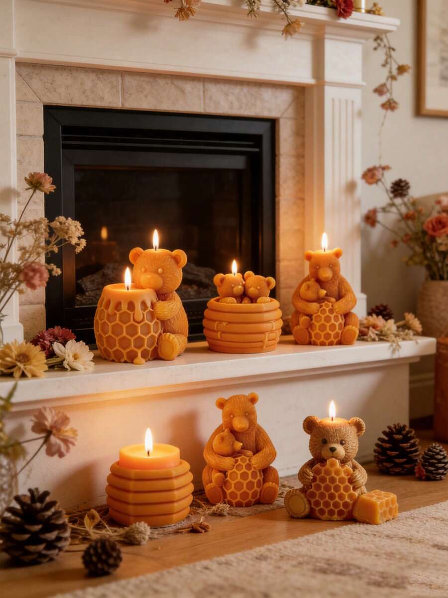 1 süßer Bär und Wabenmuster Silikon Kerzengießform, 3D Tier Harz ...