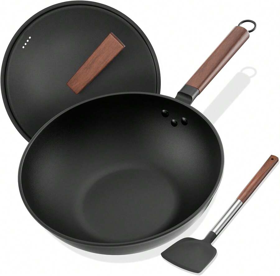 13-Inch Carbon Steel Wok With Lid & Spatula, Pre-Seasoned Non-Stick ...
