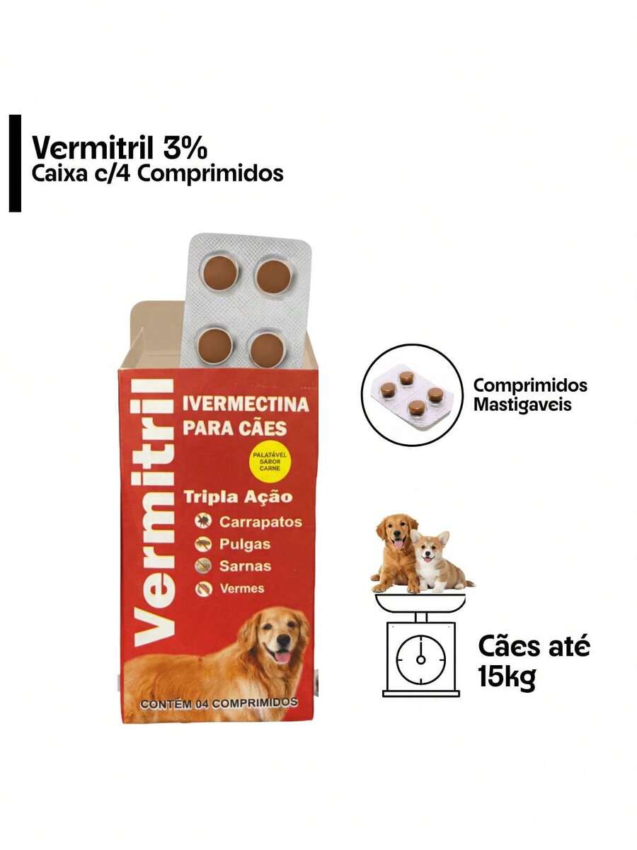 4 Tablets Vermitril Triple Action Treatment For Fleas, Ticks, Mange And ...