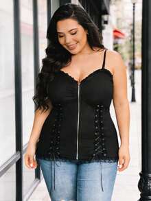 Plus Size Rib Knit Contrast Lace Lace Up Cami Shirts Zipper Front ...