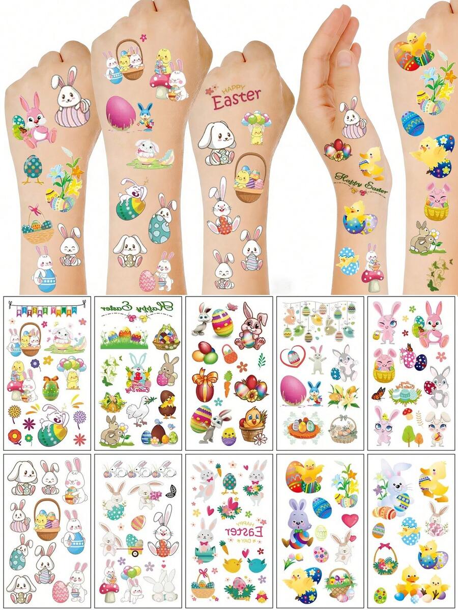 10pcs Easter Temporary Tattoos, Egg & Bunny Temporary Tattoos, Face ...
