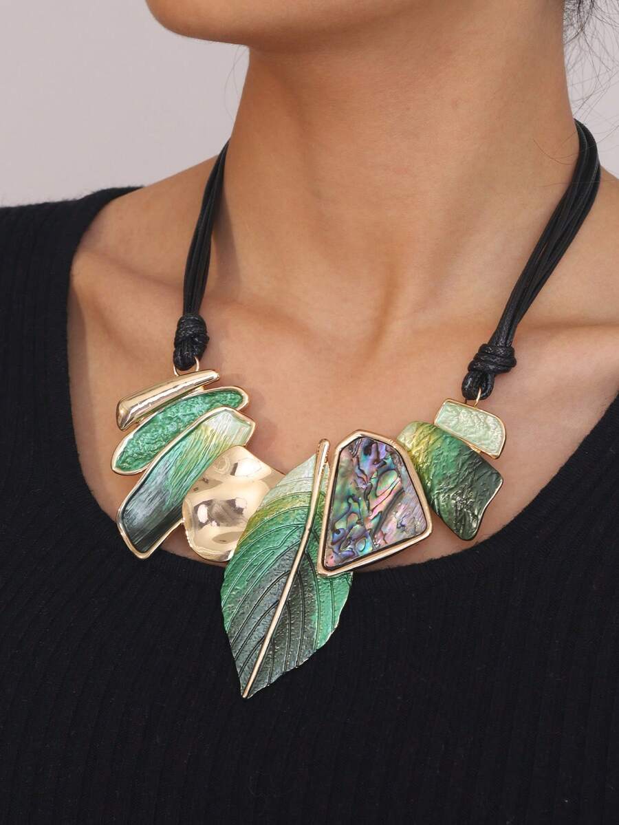 Cring Coco Women Irregular Green Leaf Abalone Shell Pendant Necklace ...