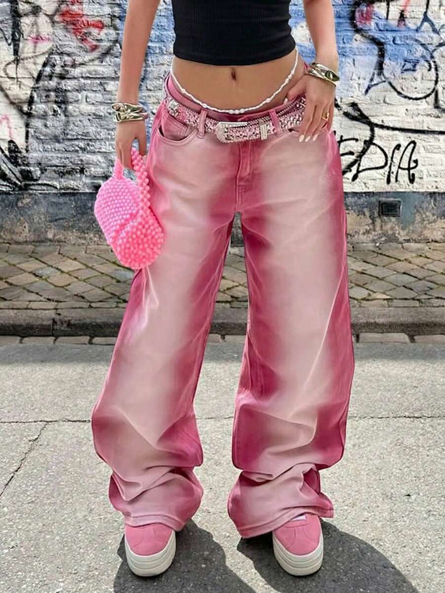 Y2K Vintage gewaschene Whisker Straight Leg Jeans Damen Lässig Straße ...