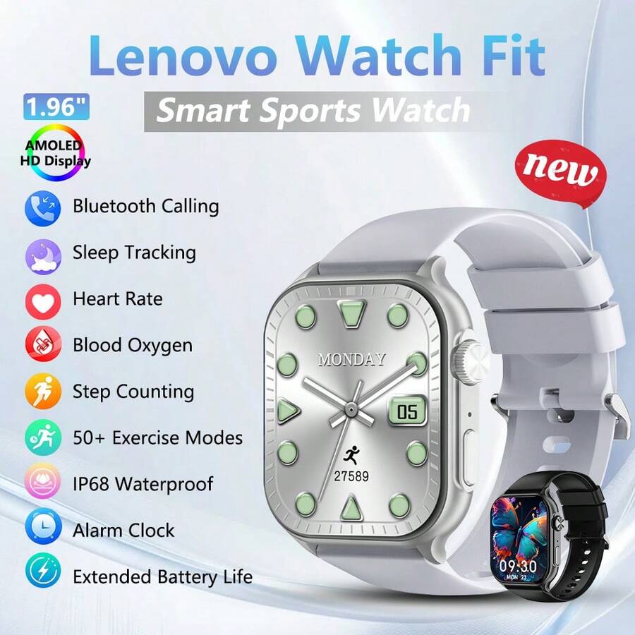 Lenovo 2025 Neue Android und iOS Smartwatch Fit F101 1,96 Zoll HD ...