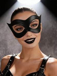 1pc Half Face Cat Eye Costume Mask Woman Black PU Leather Cat Mask ...