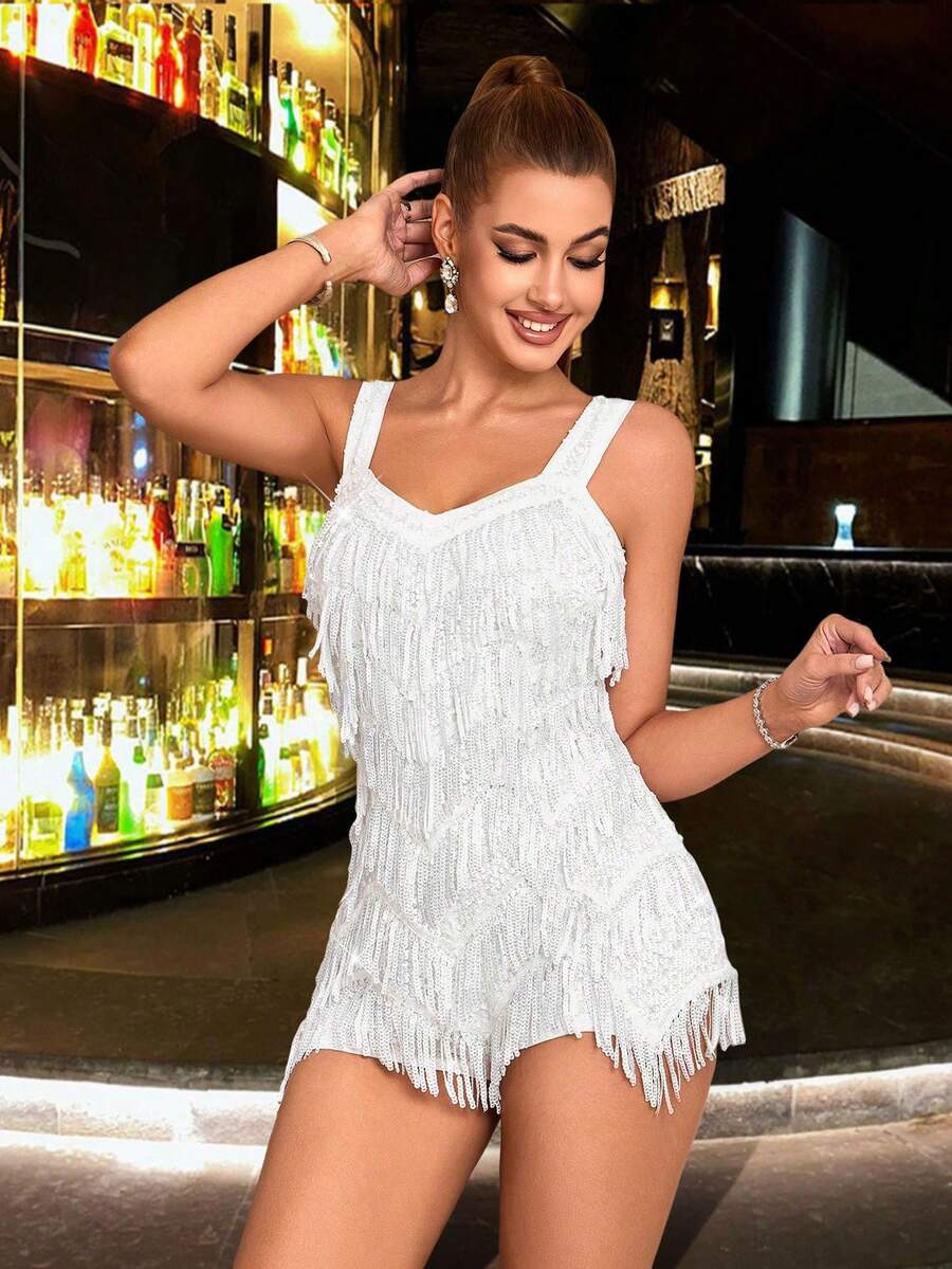 CHOSMO Elegant Sleeveless Sequin Fringe Jumpsuit, Women's Party Short ...