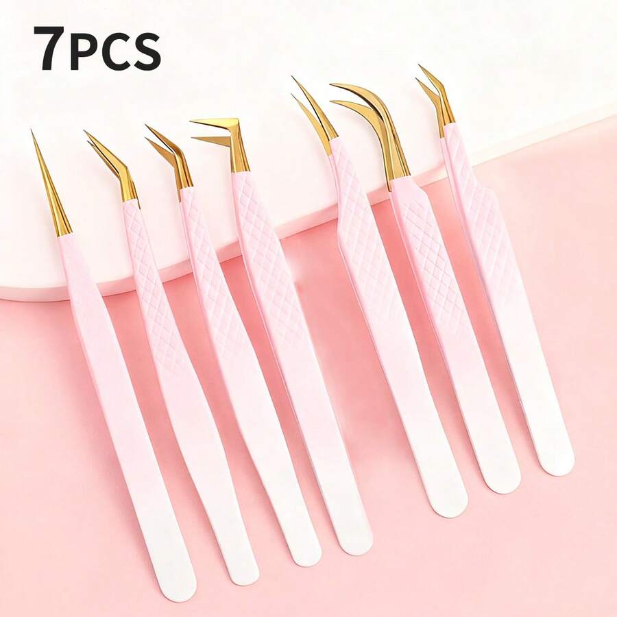 7-Piece Eyelash Tweezers Set, Pink Stainless Steel Extra-Hard Tweezers ...
