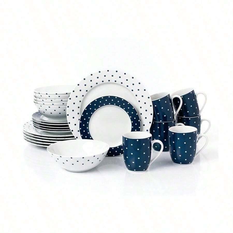 24pc Blue & White Spot Dinner Set | SHEIN UK