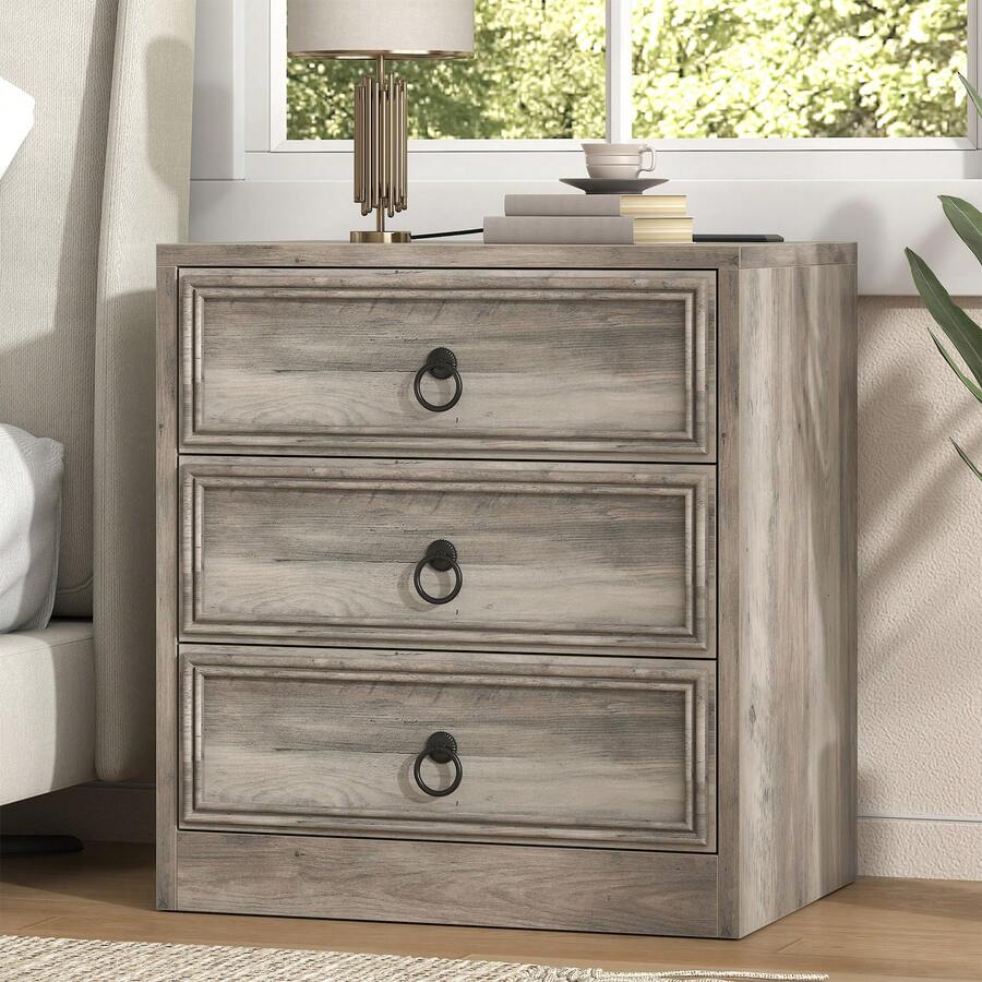 Farmhouse Nightstand, 21.7" Wide End Table With 3 Drawers, Cherry/Grey ...