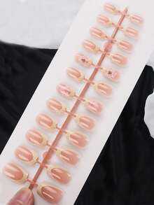 24pcs Short Square Fake Nails, Yellow French Pink Floral Nail Art, Cute ...