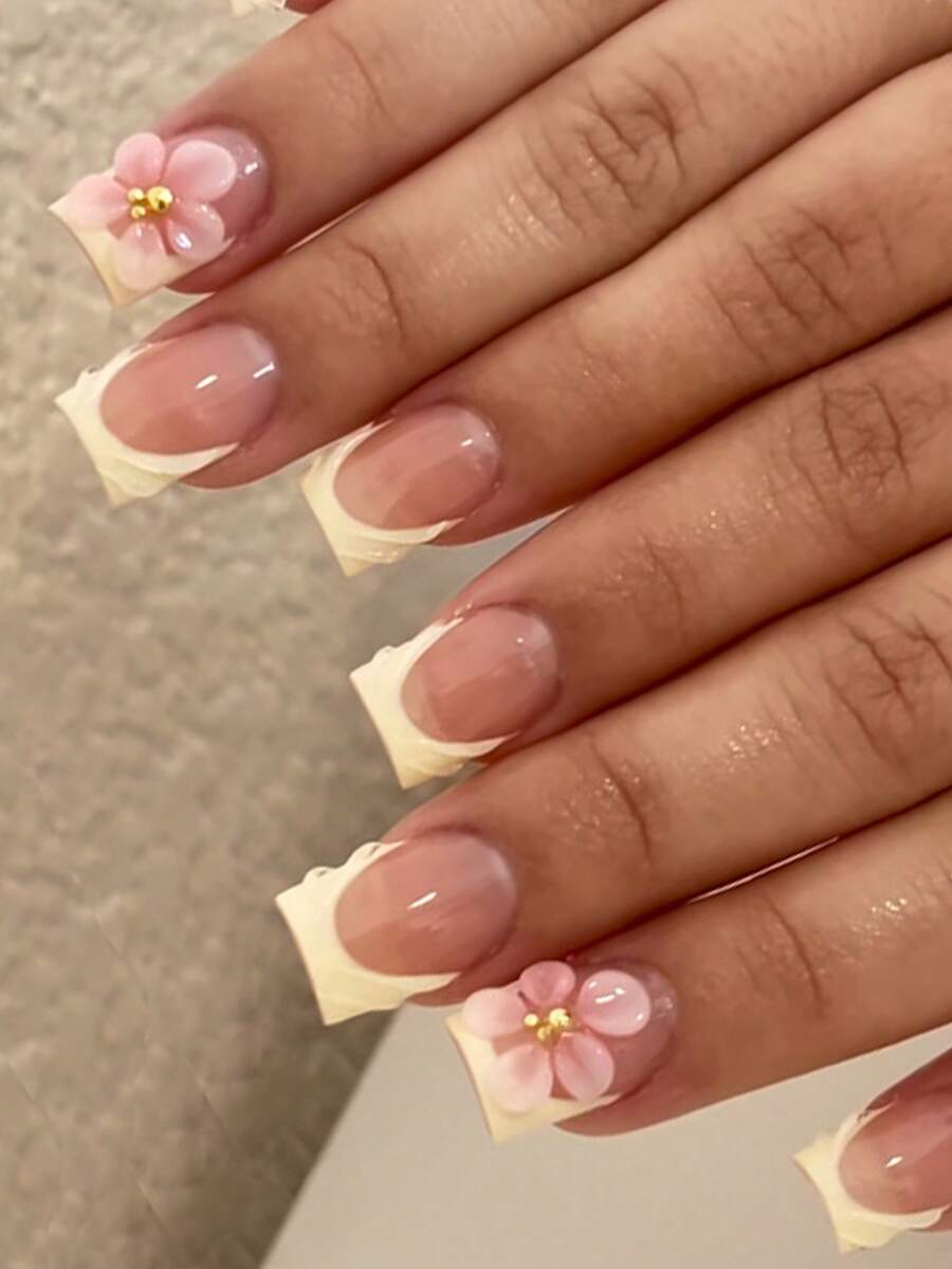 24pcs Short Square Fake Nails, Yellow French Pink Floral Nail Art, Cute ...