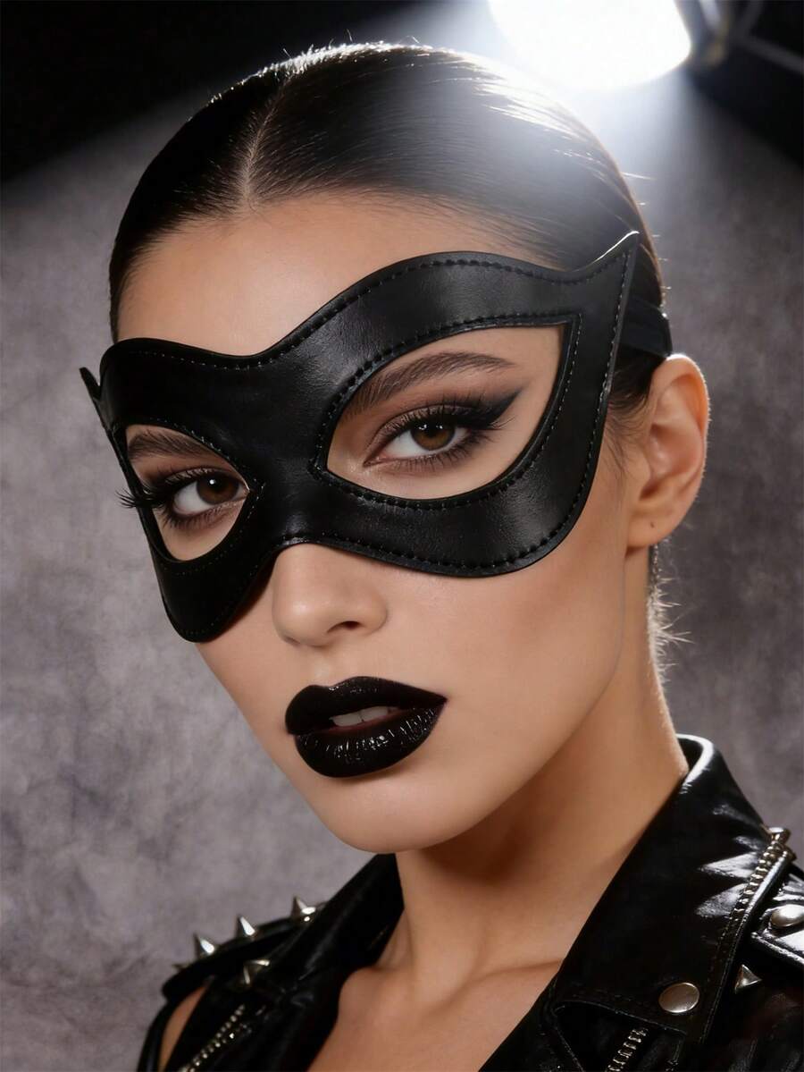 1pc Half Face Cat Eye Costume Mask Woman Black PU Leather Cat Mask ...