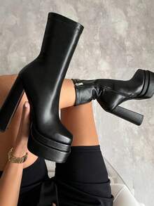 Fashion 2025 Gothic Women Platform Boots Square Toe High Heel Classic ...