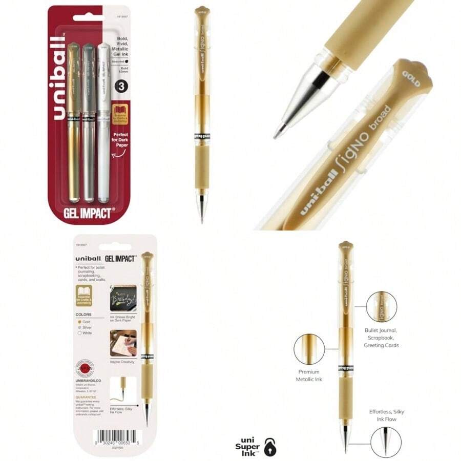Uniball Signo Gel Impact Pens Bold Point 1.0mm Assorted Metallic 3 Pack ...