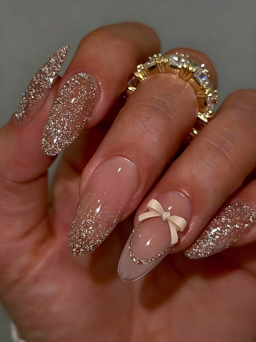 24pcs Medium Almond Shaped Ombre French Manicure Nail Stickers, Bow ...