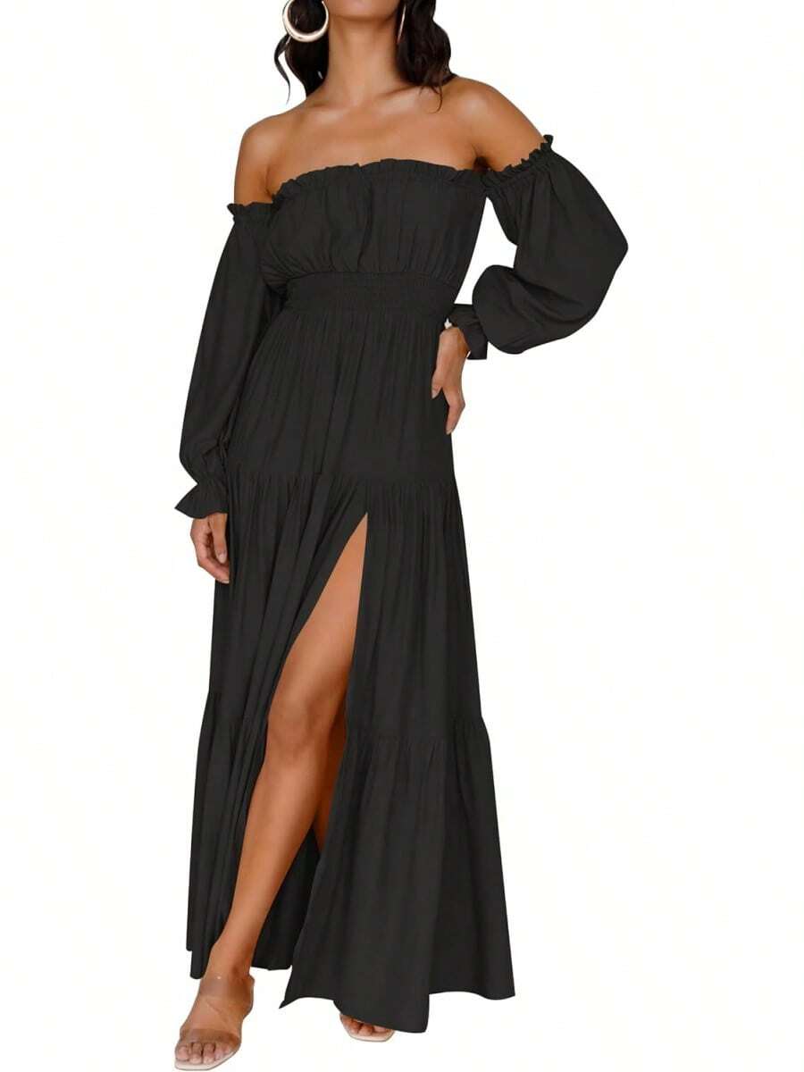 Women's 2026 Boho Smocked Maxi Dress, Off Shoulder Long Sleeve Flowy A ...