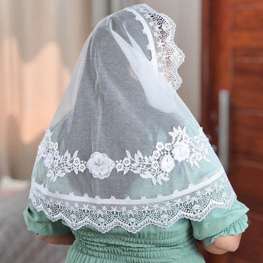 CCB Christian Congregation Veil, Wide Lace With Round Floral Applique ...