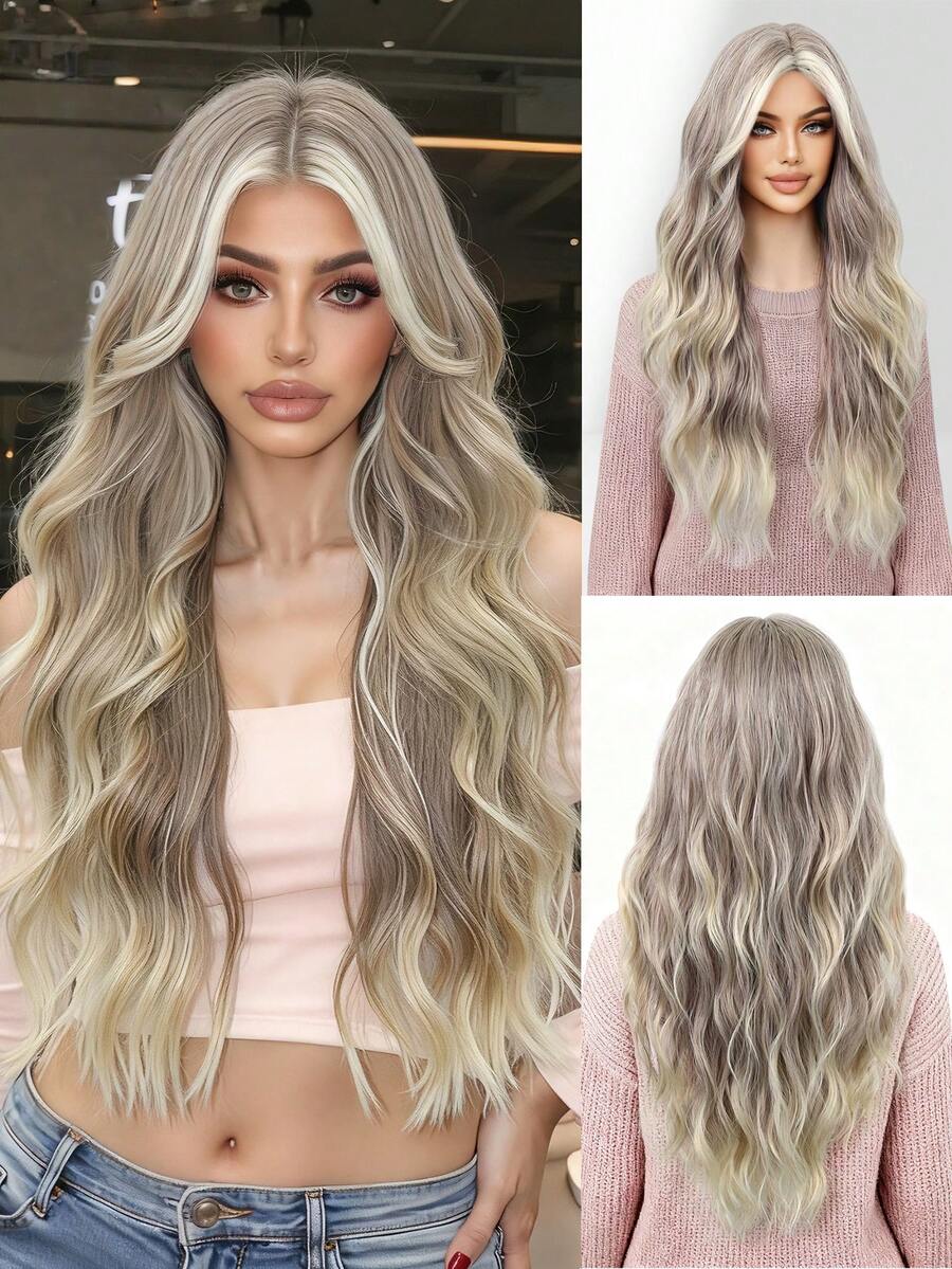 Gray-Gold Wavy Curly Synthetic Wig With Bangs, Brown Color, Suitable ...