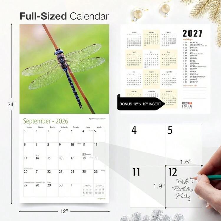 Dragonflies 2026 Wall Calendar 12 Month 12x 24 Open Thick Sturdy Paper ...