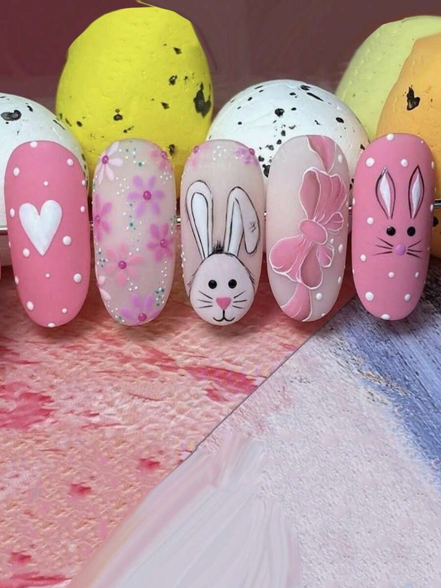 24pcs Short Round Press On Fake Nails Pink Short Nail Cartoon Rabbit ...