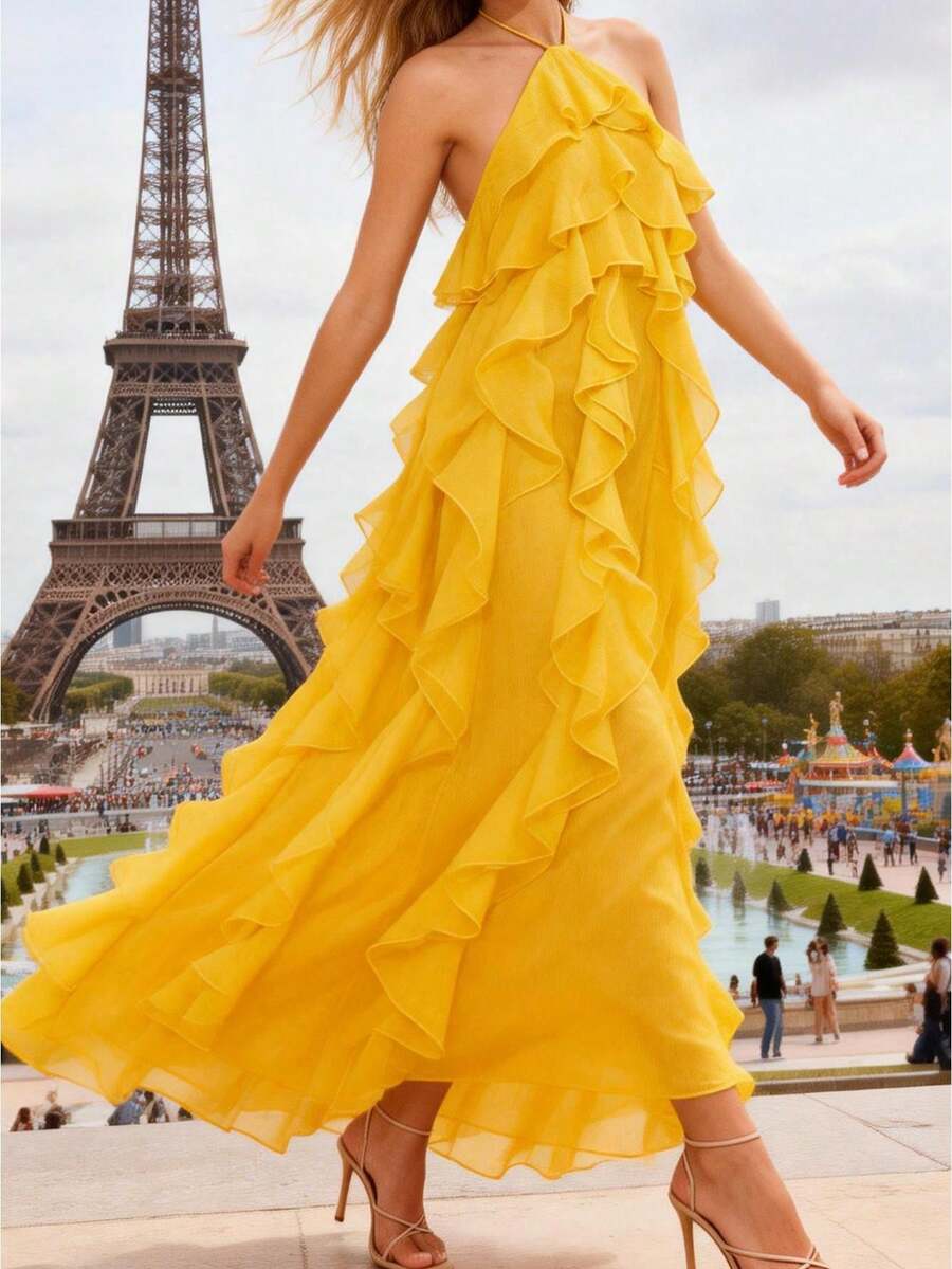 Women's Chiffon Pleated Long Ball Gown Dress, With Thin Straps And ...
