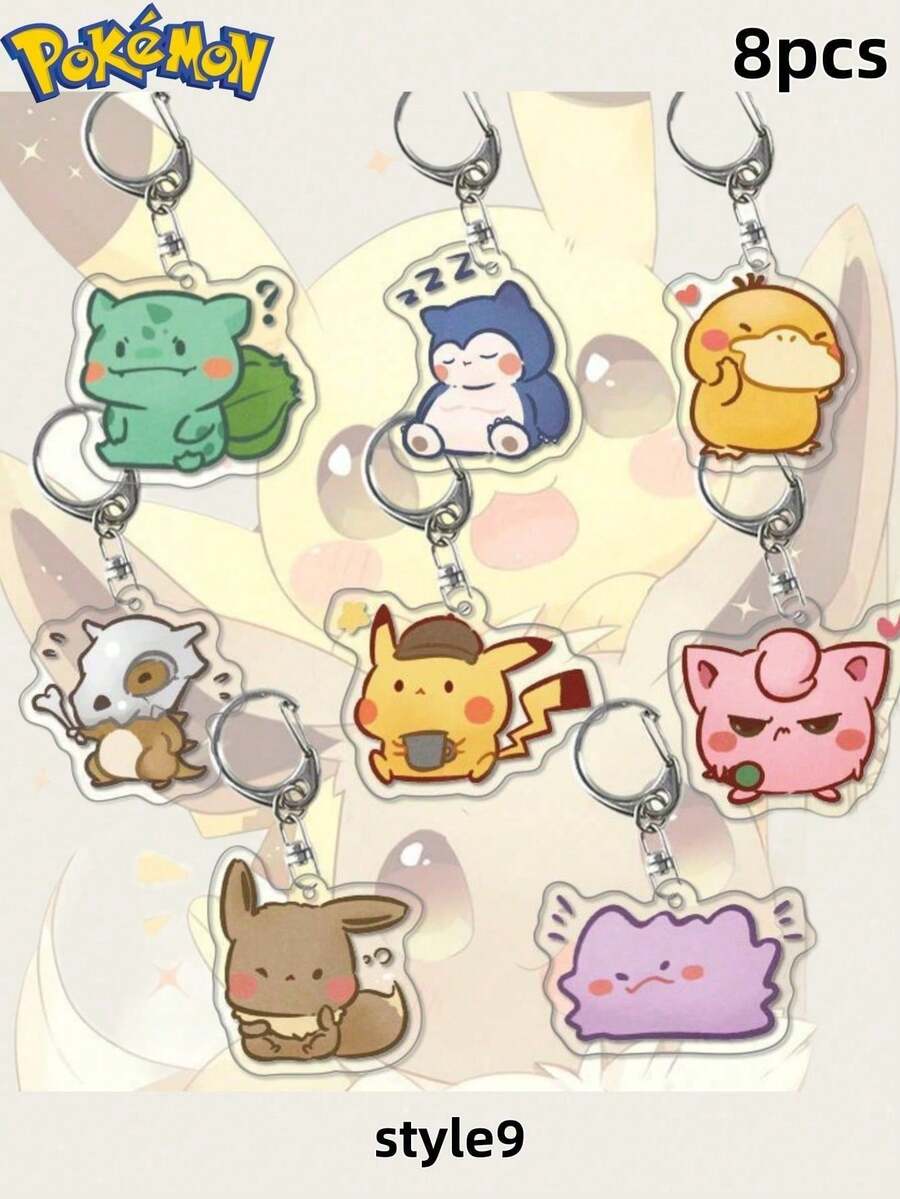 8pcs Pokemon Pikachu Anime Keychain Pendant, Cute Cartoon Decor ...