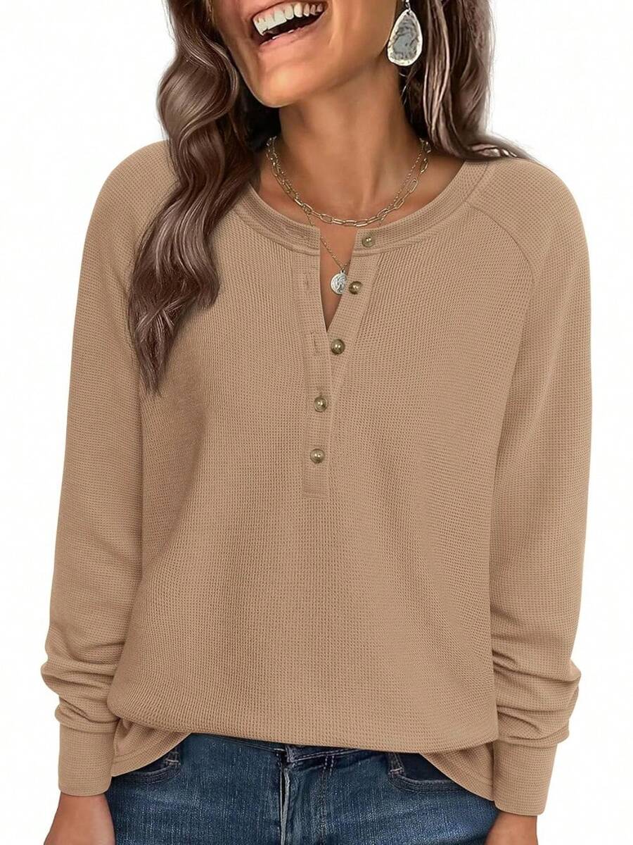 Women Long Sleeve Waffle Knit Shirts 2026 Fall Casual Button V Neck ...