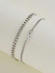 17KM 2pcs Heart Rhinestone Stainless Steel Chain Anklet Set, Simple ...
