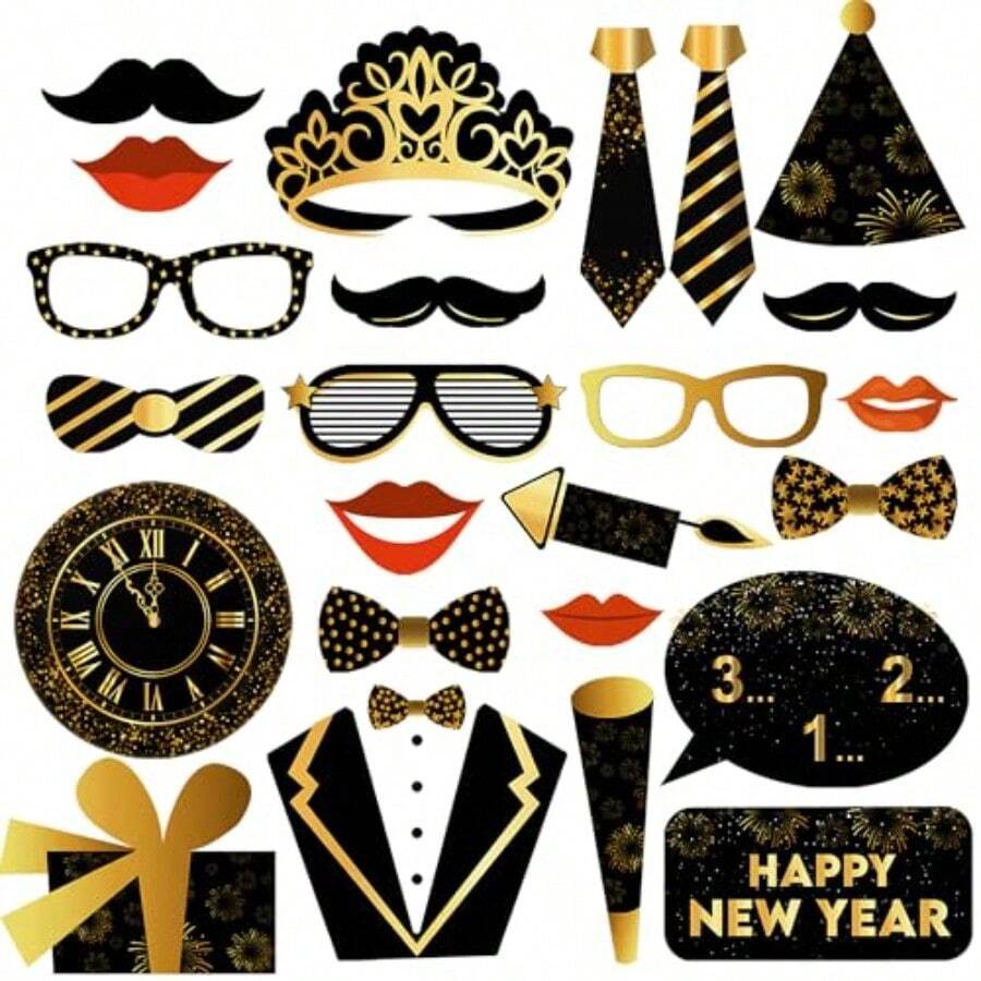 New Years Photo Booth Props 2026 - Pack Of 30 Black And Gold New Years ...