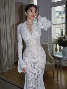 2026 New Arrival Women's Sexy Lace Dress - V-Neck Long Sleeve Sheer ...