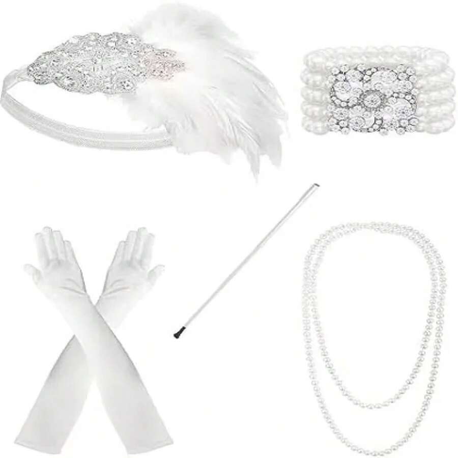 PESENAR 5 Piece White 1920s Costume And Accessories Set, Suitable For ...