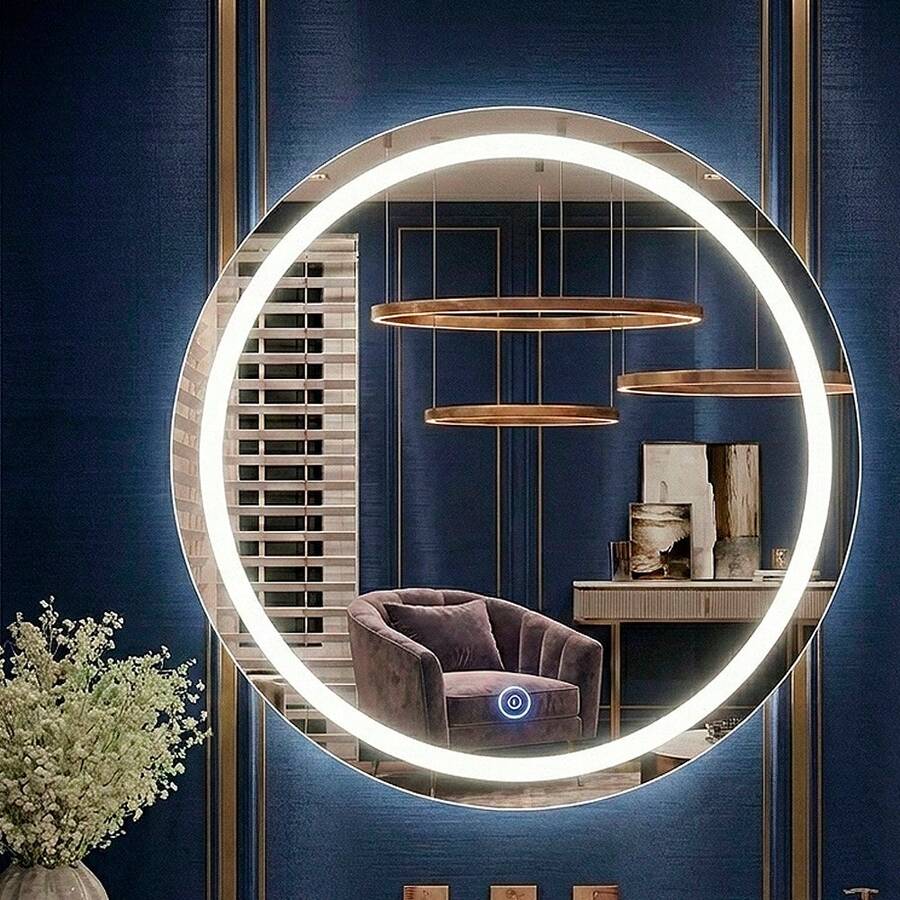50x50 Round Mirror, Beveled, Laser-Sandblasted, Round With LED Touch ...