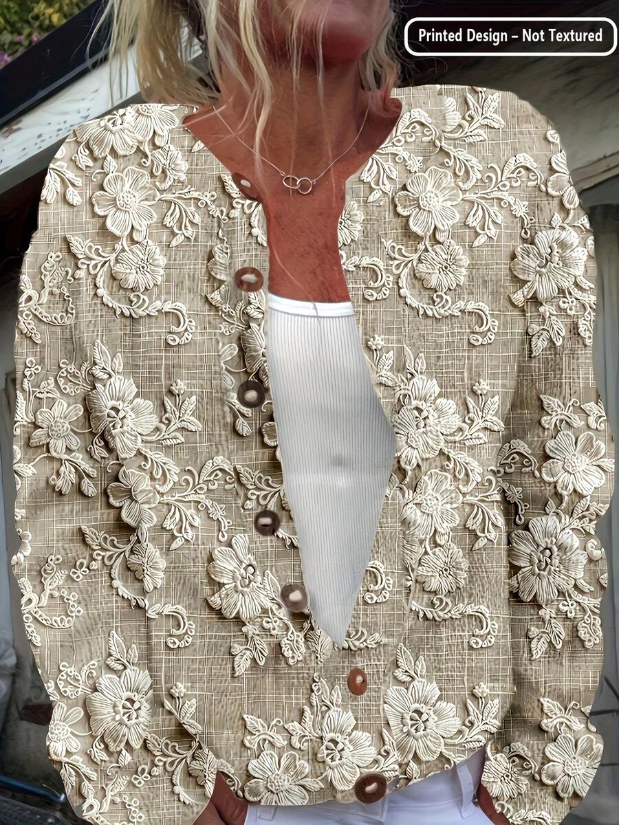 Autumn-Winter Women's Elegant Crew Neck Cardigan With Random 2D Floral ...