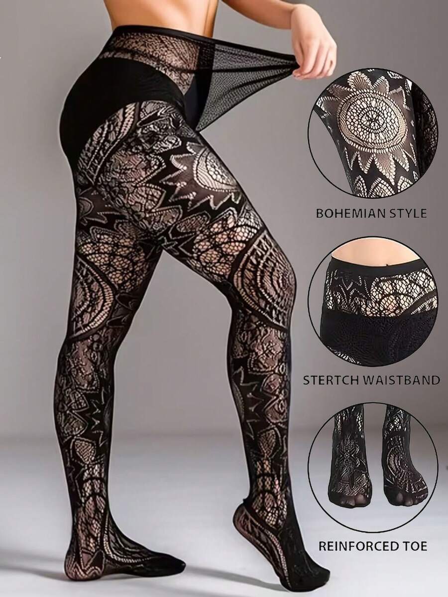 Collant vintage con motivo jacquard nero traforato e sexy, collant a ...