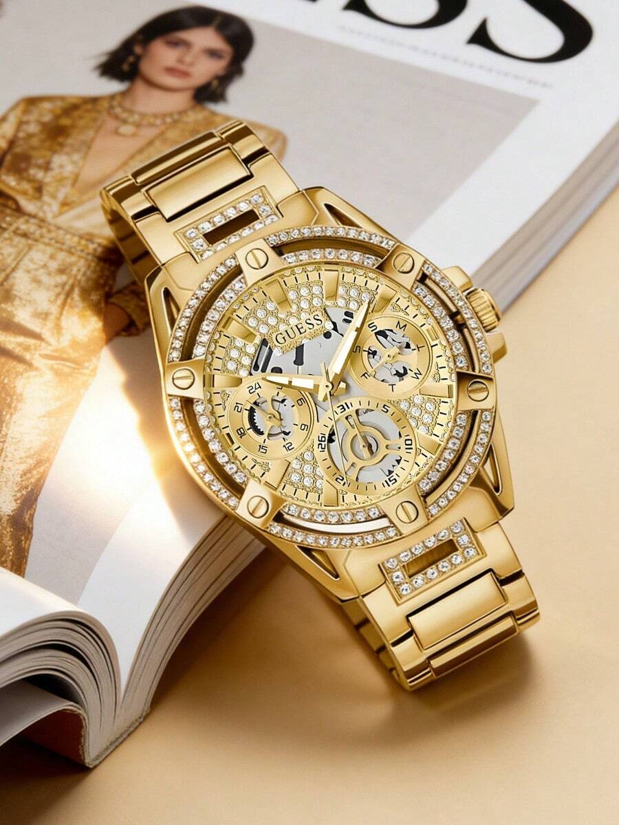 Guess Watch For Women Skeleton Crystal Queen Collection, 40mm Steel ...
