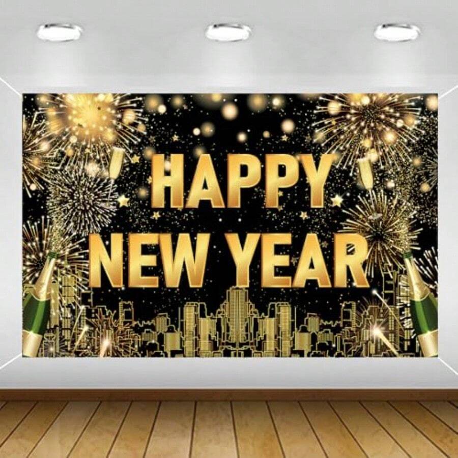 Lar Happy New Year Backdrop Banner Black Gold New Years Banner Happy ...