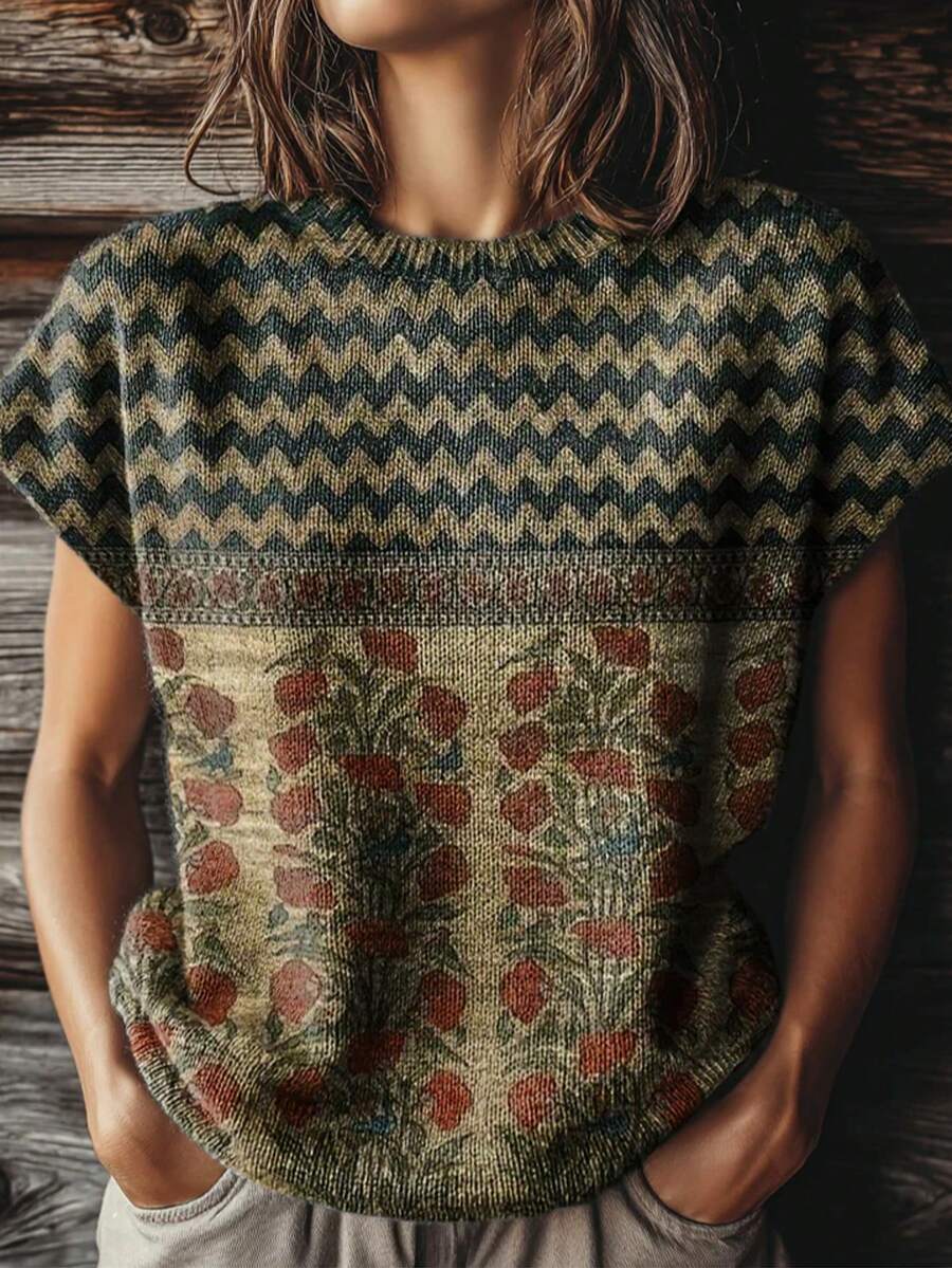 Women's Floral Print Knit Top - Short Sleeve Loose Casual Sweater ...