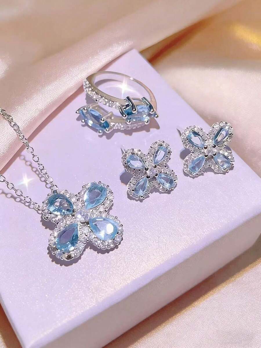 4pcs/Set Luxury Blue Geometric Necklace, Earrings, Ring Set, Suitable ...