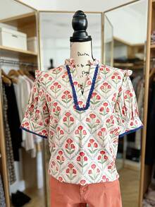 Women'S Floral Print Puff Sleeve V Neck Blouse | Ruffle Neckline ...