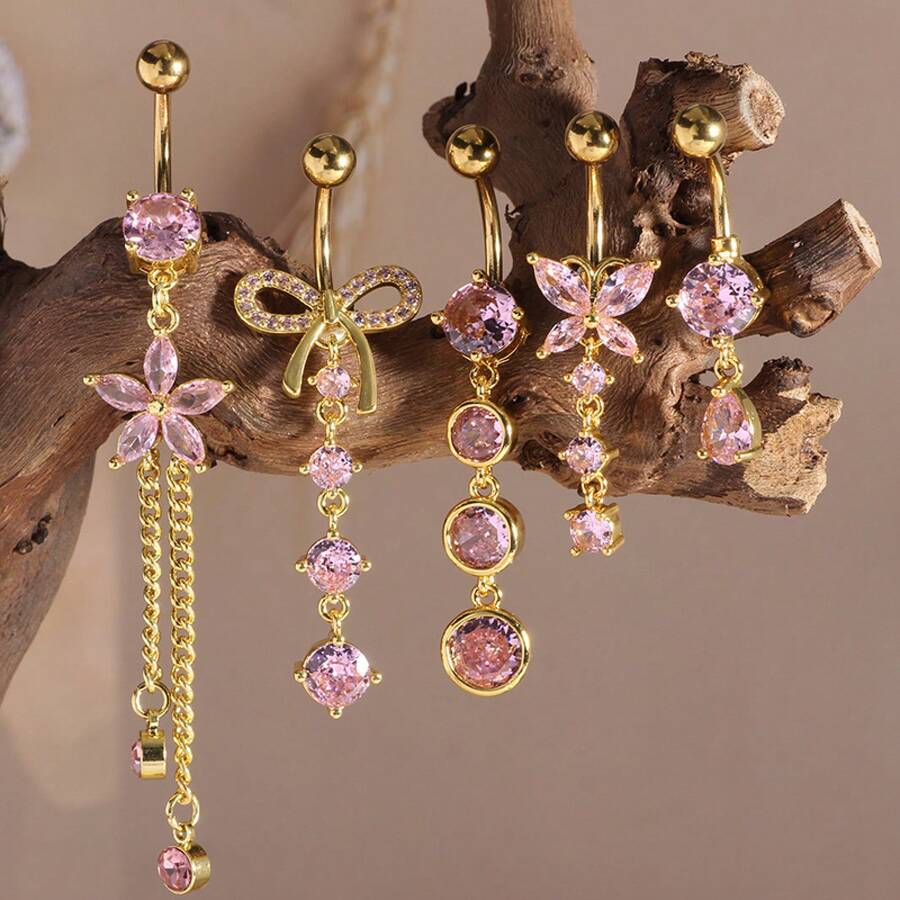 5-Piece Set Stainless Steel Belly Button Ring Bowknot Inlaid With ...