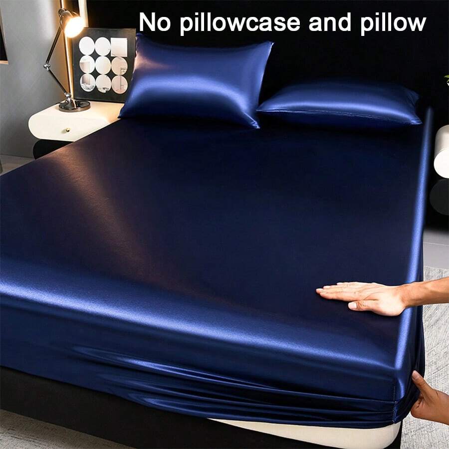1PC Solid Color Grey Satin Fitted Sheet Simulation Silk Fitted Sheet ...