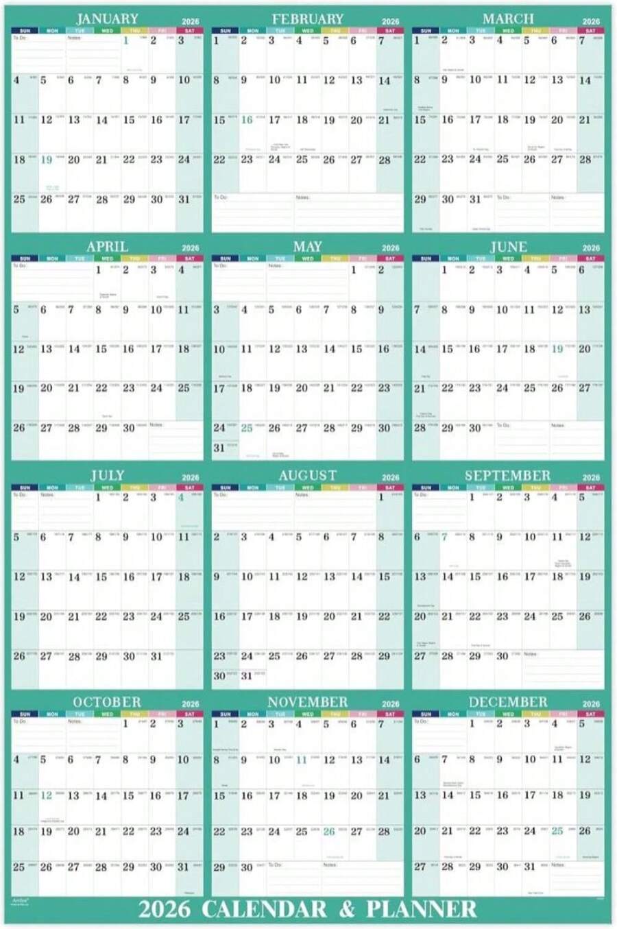 2026 Yearly Wall Calendar - 2026 Calendar, JAN.2026 - DEC.2026, 34.8" X ...