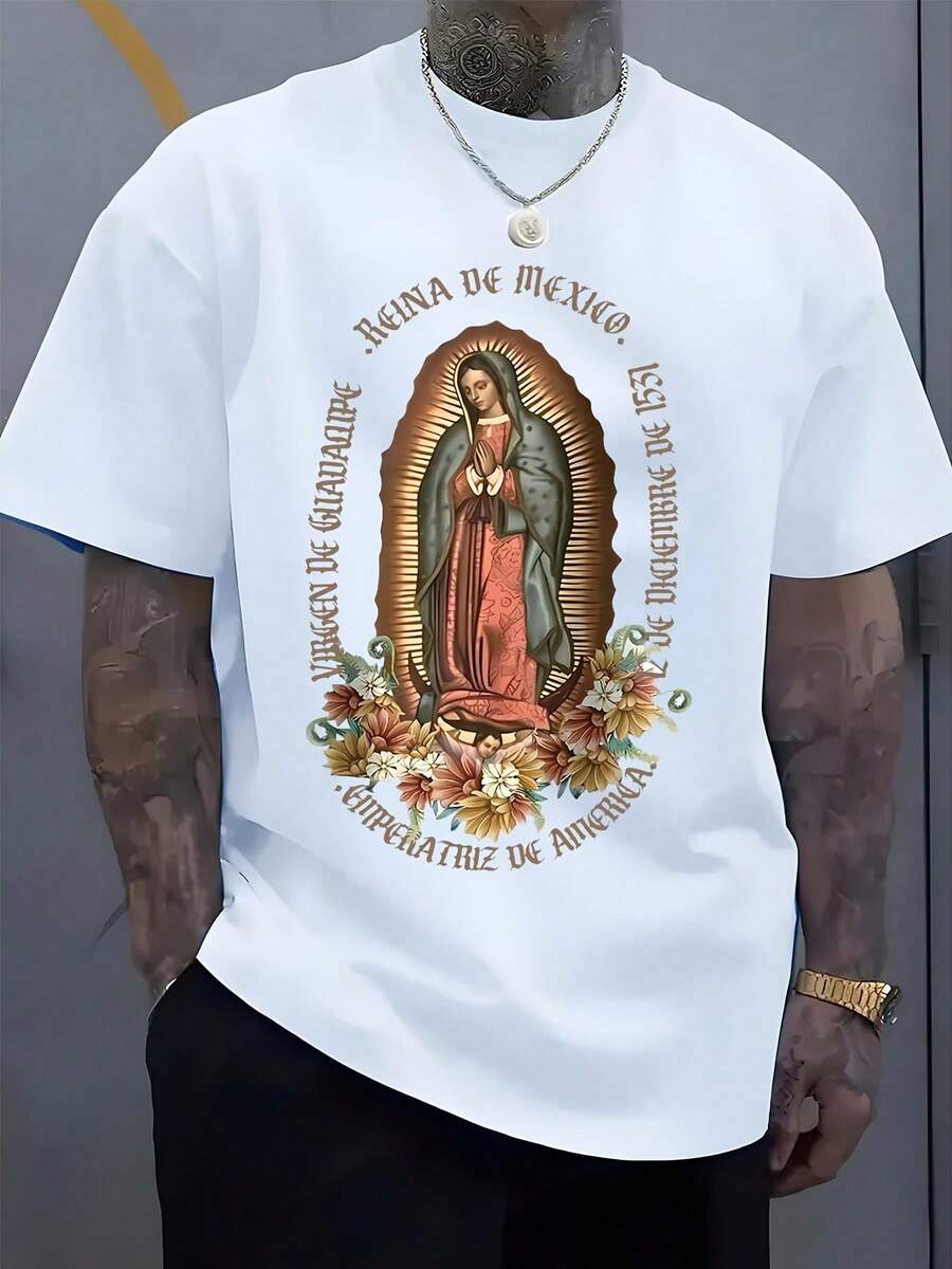 T Shirt With Virgin Of Guadalupe Print And Religious Text For Casual ...
