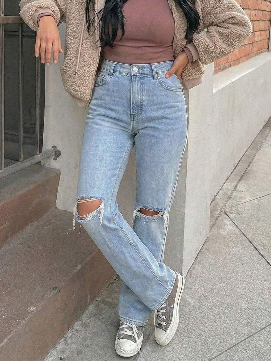 Women's Knee Ripped Pocket Casual Tapered Leg Jeans | SHEIN UK