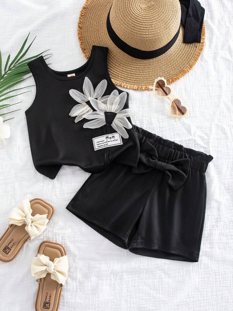 2pcs/Set Girls Tea Style Casual 3D Floral Sleeveless Top With Belt And ...