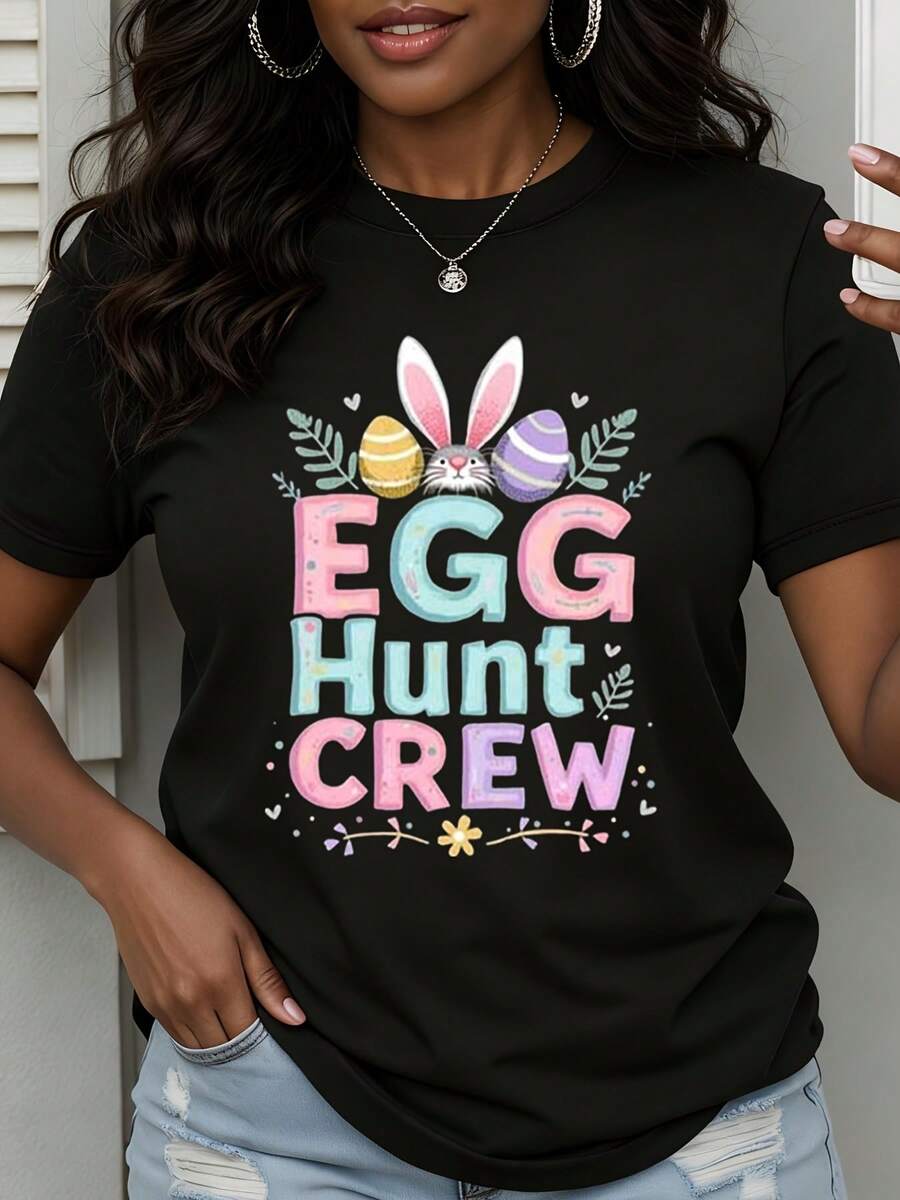 Easter Egg Hunt Crew T Shirt White Bunny Eggs And Leaves Print Easter ...
