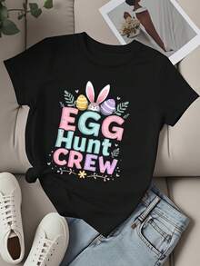 Easter Egg Hunt Crew T Shirt White Bunny Eggs And Leaves Print Easter ...