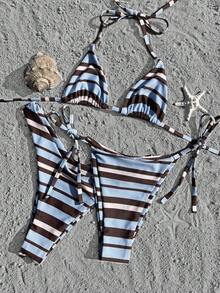 Women's Elegant Blue-Brown Color-Block Swimsuit Set, Ideal For Spring ...